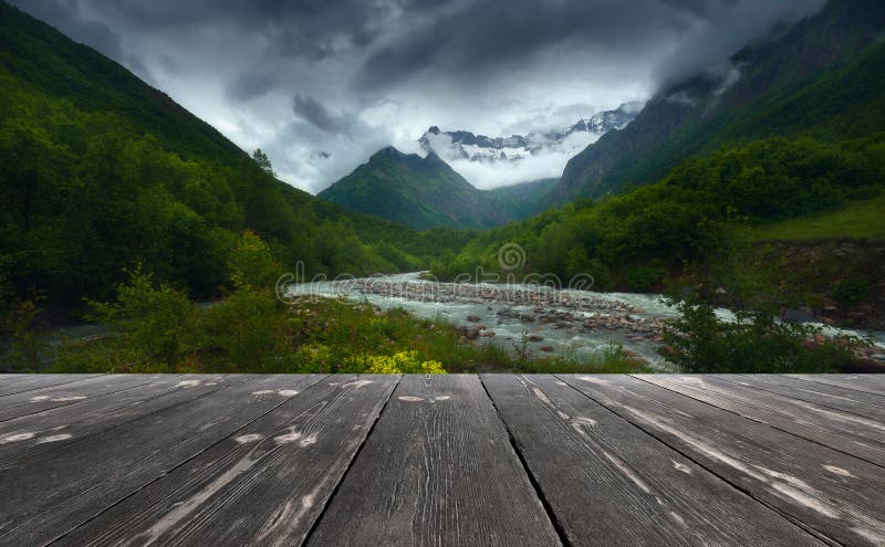 Fast Mountain River Flowing with Empty Wooden Batten Bridge. Natural ...