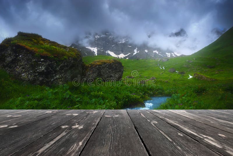Fast Mountain River Flowing with Empty Wooden Batten Bridge. Natural ...