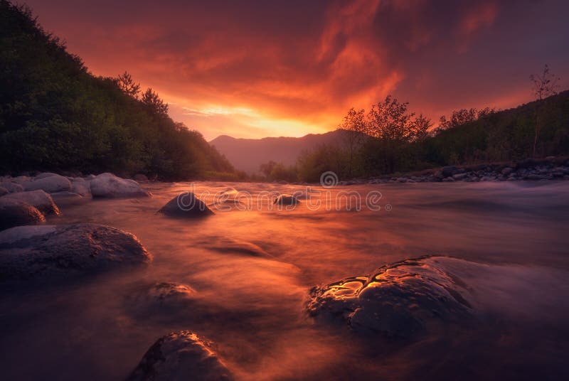 Fast Mountain River Flowing in Sunset Time Stock Image - Image of ... Fast Mountain River Flowing in Sunset Time Stock Image - Image of ...