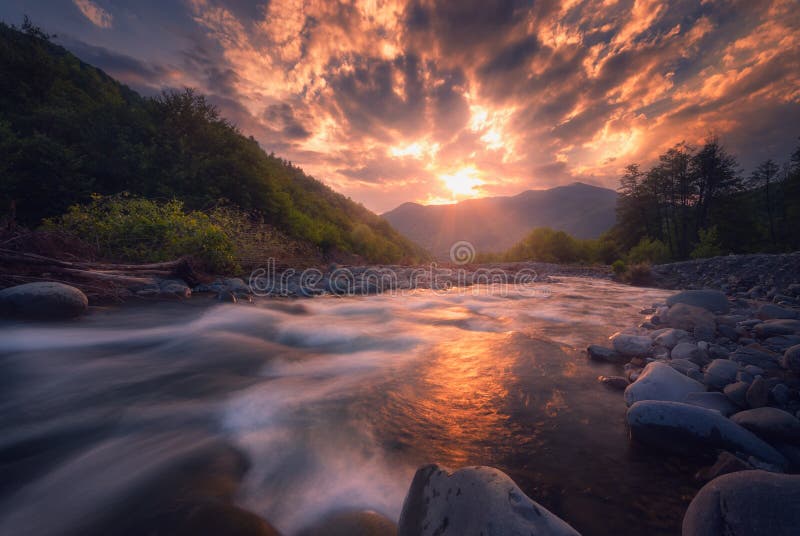 Fast Mountain River Flowing in Sunset Time Stock Image - Image of ... Fast Mountain River Flowing in Sunset Time Stock Image - Image of ...