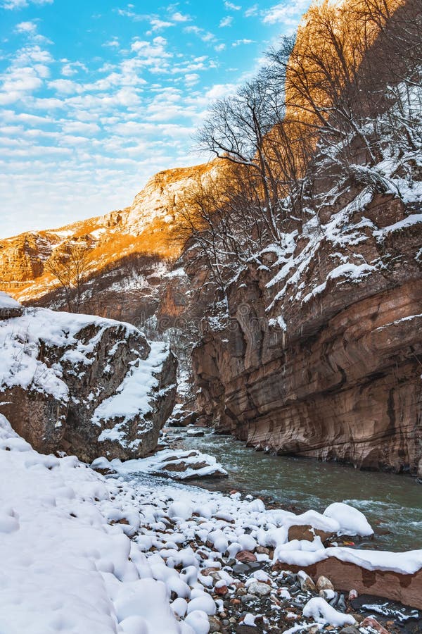 Fast Mountain River in the Gorge at Winter Season Stock Image - Image ...
