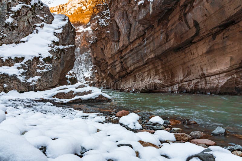 Fast Mountain River in the Gorge at Winter Season Stock Photo - Image ...