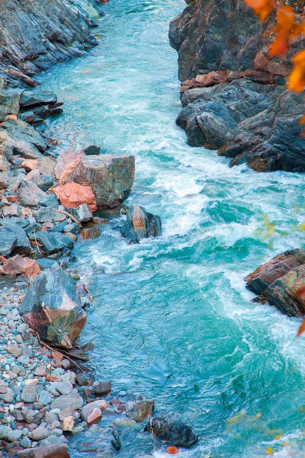 Fast Mountain Stream Current Blue among Rocks Autumn Stock Image ...