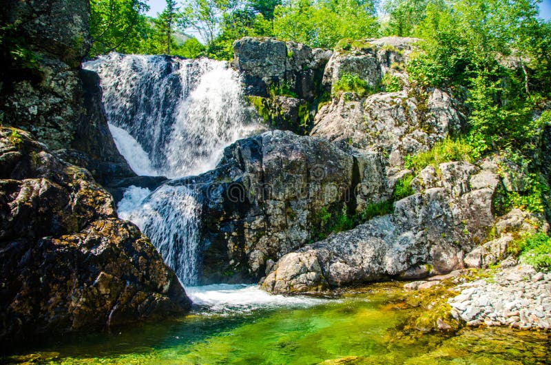 Fast Mountain Waterfall with Clear Spring Water. Beautiful View Stock ...