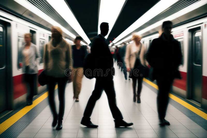 Fast Movement on the Subway, Blurry Figures of Passengers and Bright ...