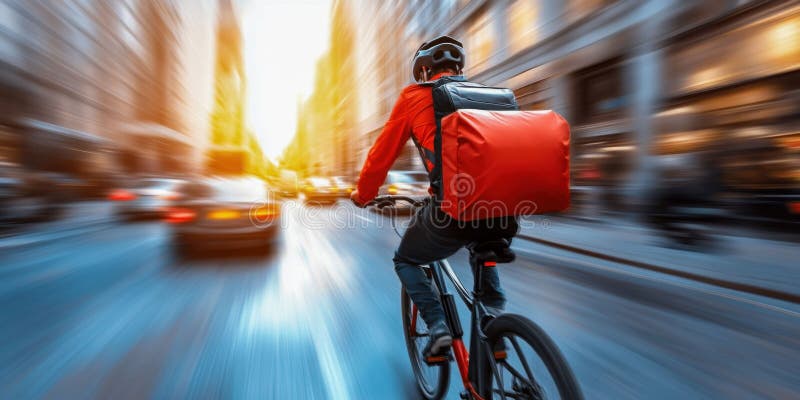 Fast-Moving Bicycle Courier Navigating Busy City Streets Stock ...