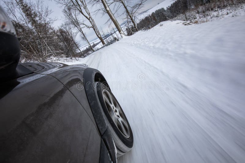 Fast Moving Car on a Winter Road Stock Image - Image of forest, line ...