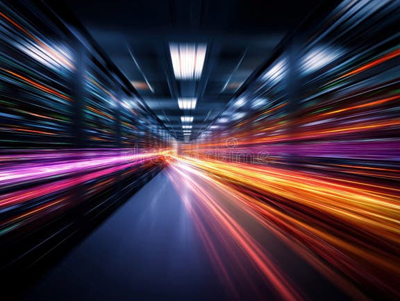 Fast-moving, Colorful Data Streams in a High-tech Server Room Corridor, Symbolizing Cloud ...