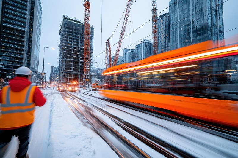 Fast-Moving Construction Scene in Snowy Environment Stock Photo - Image ...