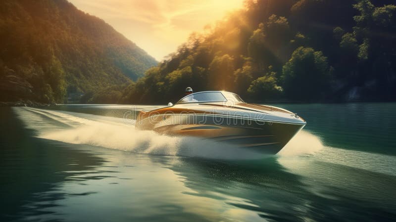 Fast Moving Motor Boat in the Lake or River. Generative AI Stock Photo ...