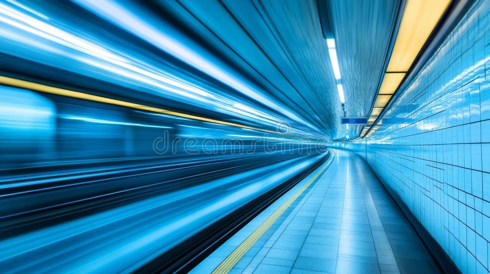 Fast Moving Subway Train with Motion Blur in Blue Subway Station Stock ...