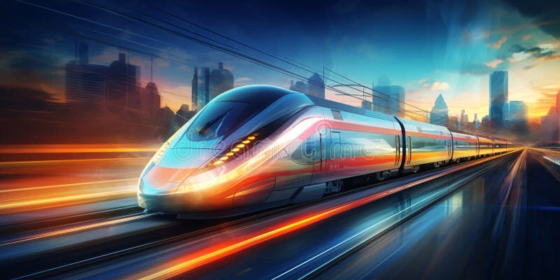 A Fast-moving Train Passes through the City. High Speed and Blurred ...