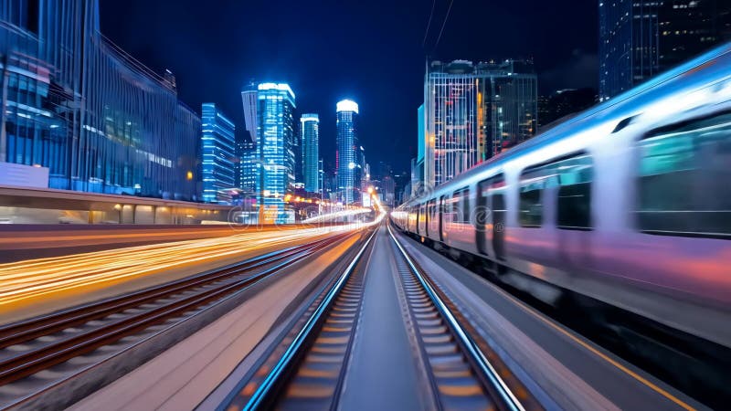A Fast-moving Train Passes through a Station at Night, with Lights ...