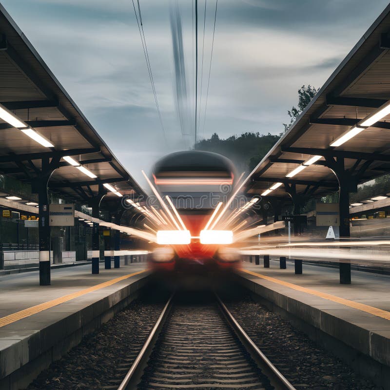 A Fast Moving Train Surrounded by Light Trails and Illuminated ...
