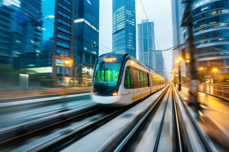 Fast-moving Train in Urban Environment at Dusk. Stock Image - Image of ...