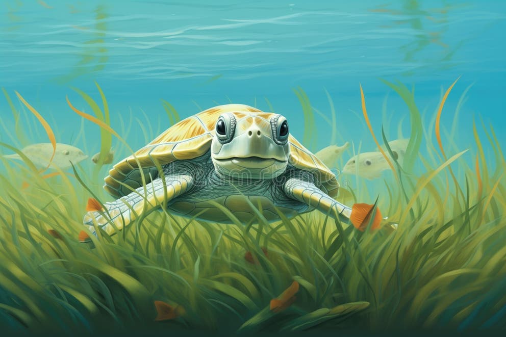 Fast-moving Turtle Surprising a Set of Seagrass Stock Illustration ...