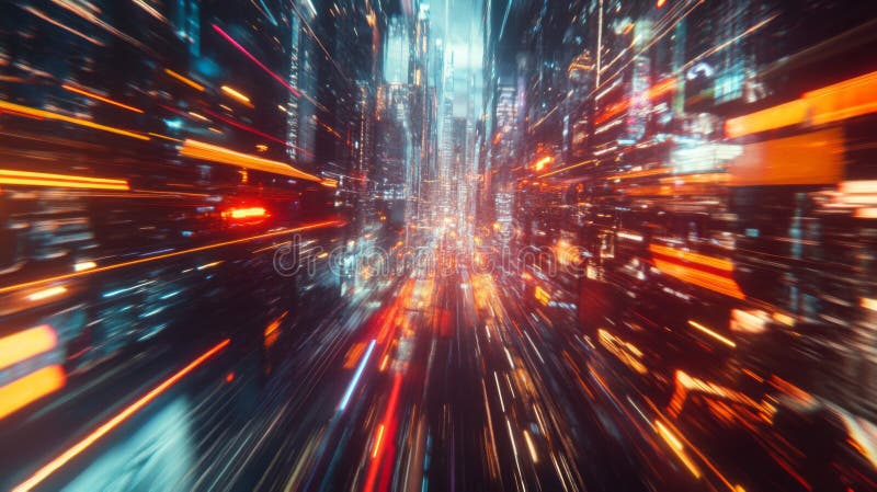 A Fast-Moving View of a City at Night with Blurry Lights and Buildings ...