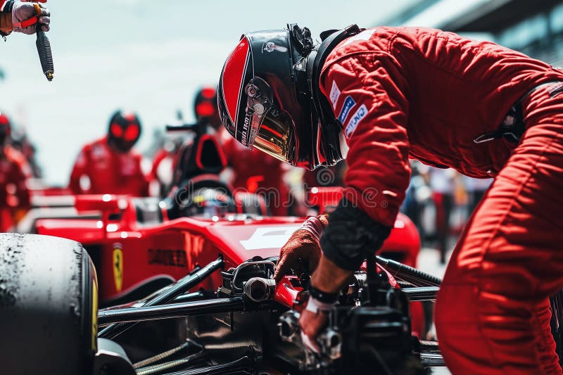 Race Car Mechanic Working on the Engine in a Busy Pit Stop during a ...