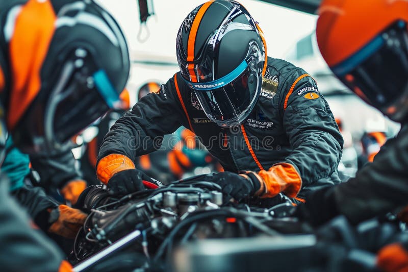 Race Car Mechanic Working on the Engine in a Busy Pit Stop during a ...