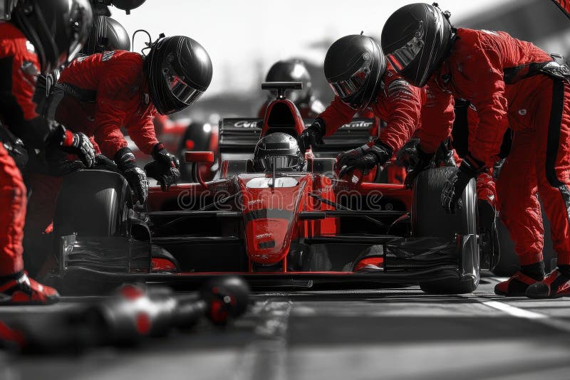 Fast-paced Pit Stop during a Formula Racing Event with Team Members in ...