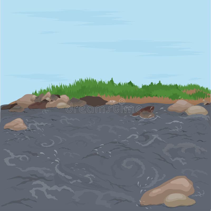 Fast River and Birches. Landscape Stock Illustration - Illustration of ...