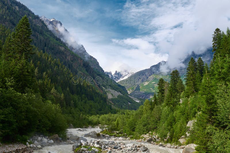 Fast River Flows between Two Highest Mountains in Forest Stock Photo ...