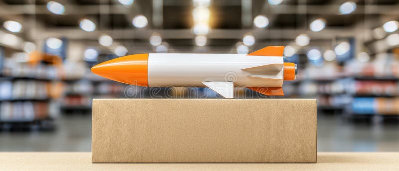 Fast Rocket Delivery Orange Missile on Cardboard Box in Warehouse ...