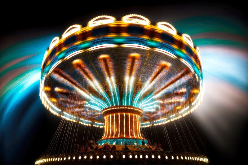 Fast Rotating Carousel with Lighting Illuminations in Amusement Park ...