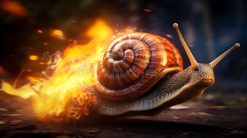 Fast Running Snail with Fire and Smoke. Succeed Concept Stock ...