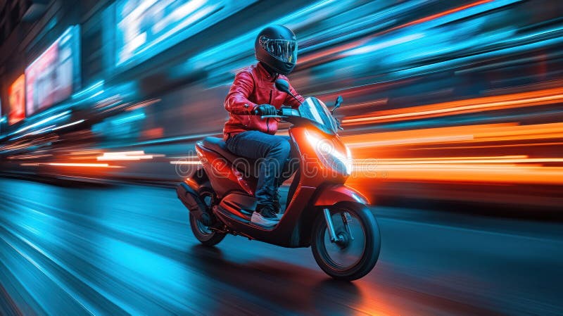 Fast Scooter Ride at Night through City Lights Stock Illustration ...