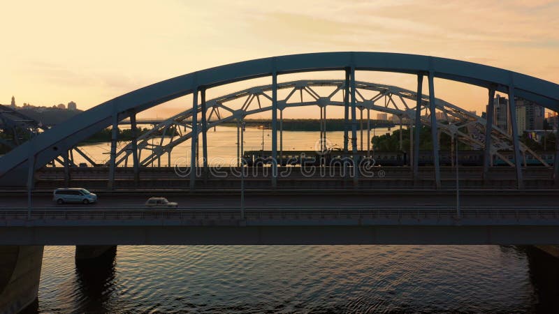 Fast Speed Motion of Car Traffic and Metro Train on the Bridge. Stock ...