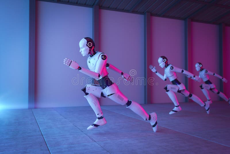 Fast Speed Technology Concept with Cyborg Running in Competition Stock ...