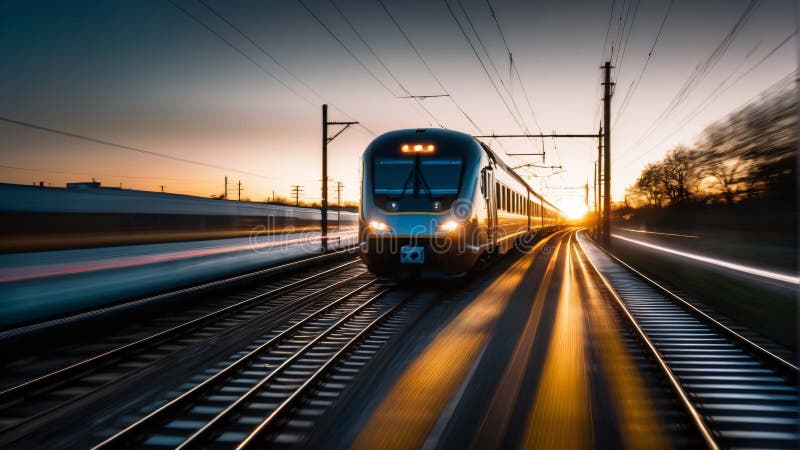 Fast Train with Long Exposure Light Trails and Sunset in Background ...