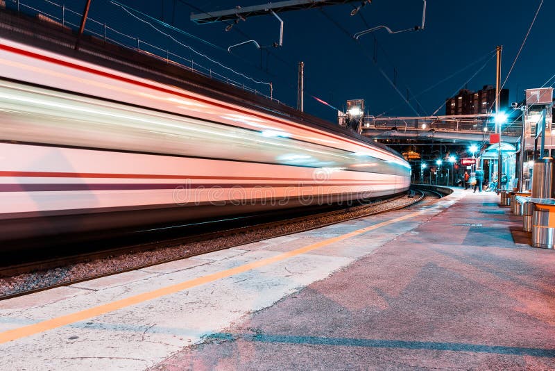 Fast Train Passing through a Train Station with Very High Speed Stock ...