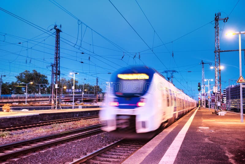 Fast Train on the Railway Station. Composition with Transport. Concept ...