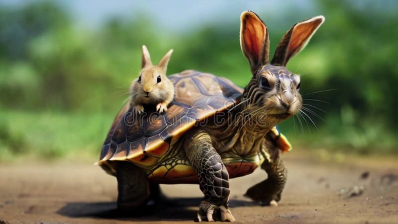 Fast Turtle Carrying a Rabbit on Its Back Stock Video - Video of union ...