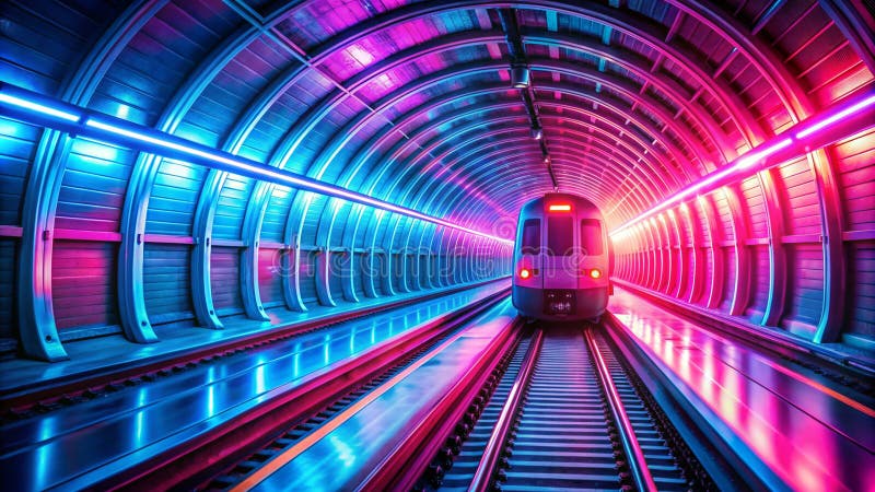 Fast Underground Subway Train Racing through the Tunnels Neon Pink and ...
