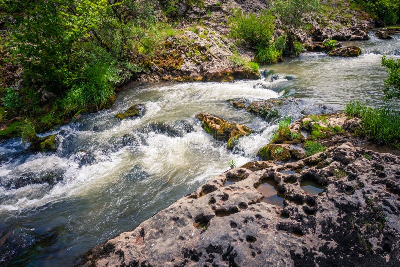 Fast Winding Small Mountain River Flows among Stones and Gra Stock ...