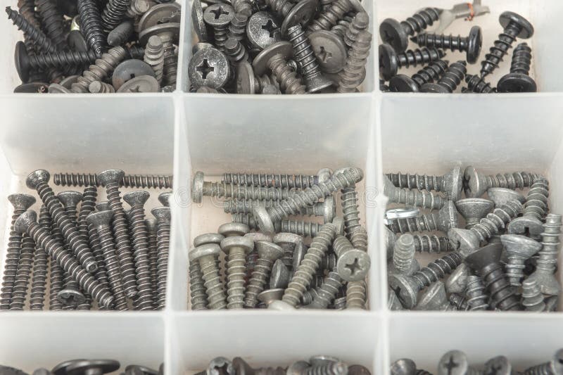 Screws in Open Compartments of Storage Box on Workshop Table, Close Up ...