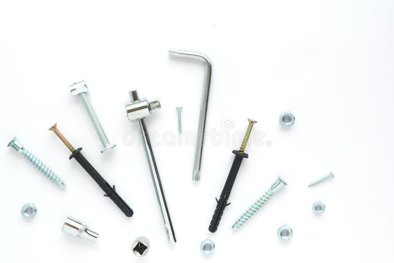 Fasteners and Tools on a White Background. Flat Layout, Top View Stock ...