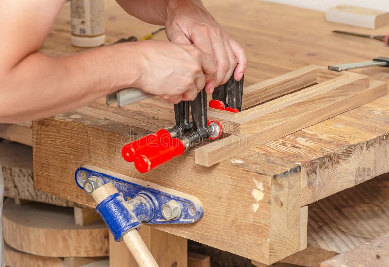 Fastening Carpentry Clamps on Wooden Frame in Carpentry Workshop ...