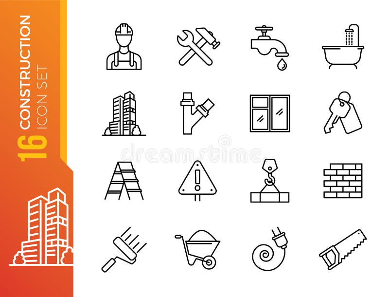 Minimal Construction Line Icon Set Stock Illustration - Illustration of ...