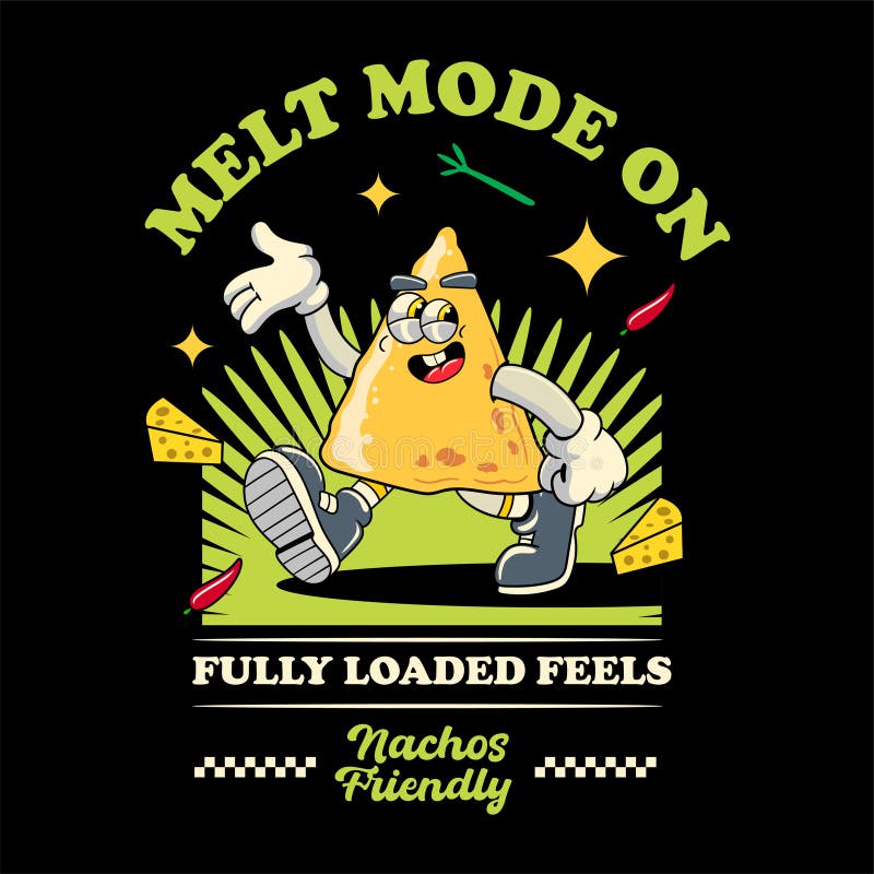 Cute Nachos Mexican Food Cartoon Characters in Retro 70s Illustration ...