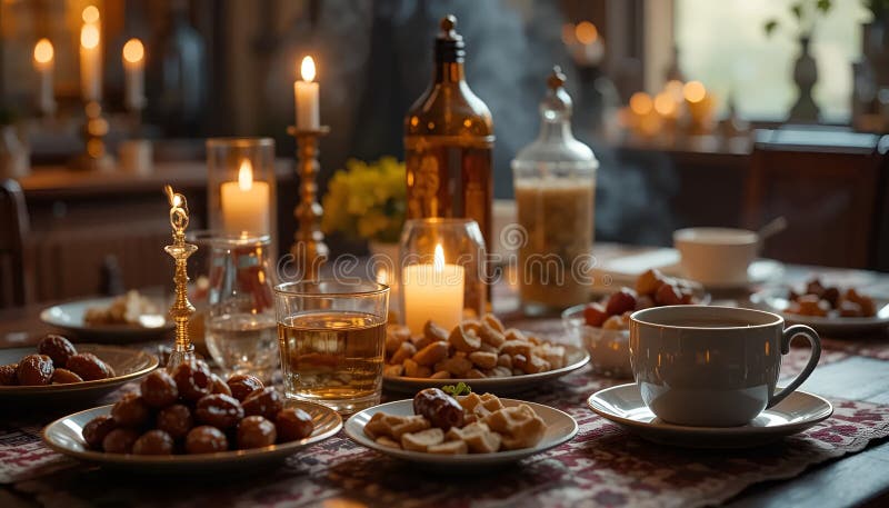 Fasting and Iftar Scene a Warm and Inviting Table Setting Stock ...