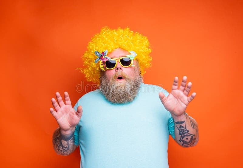 Fat Amazed Man with Beard, Tattoos and Sunglasses Has Fun with the ...