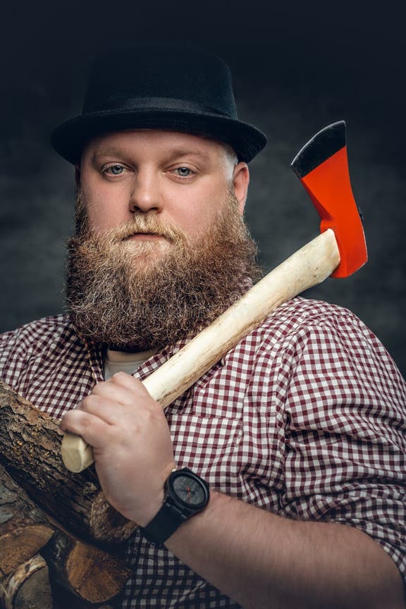Fat Bald, Bearded Man Holds an Axe. Stock Image - Image of urban ...