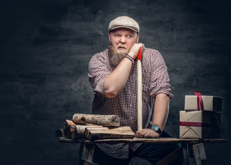 The Fat Bearded Male Holds an Axe. Stock Photo - Image of modern ...