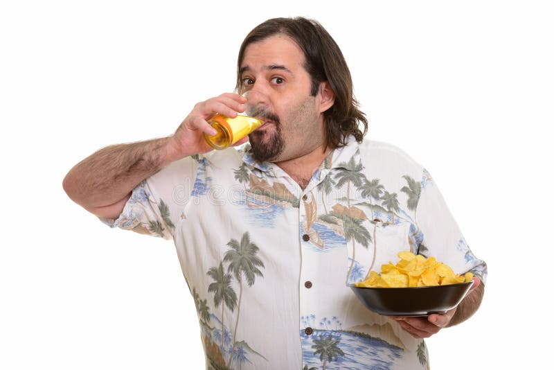 Fat Bearded Caucasian Man Drinking Beer and Holding Bowl of Chip Stock ...
