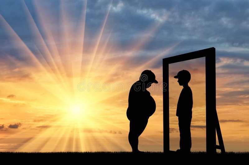 Fat Boy and His Reflection in Mirror of a Normal Boy Stock Illustration ...