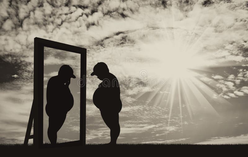 Fat Boy and His Reflection in the Mirror of a Normal Boy Against the ...